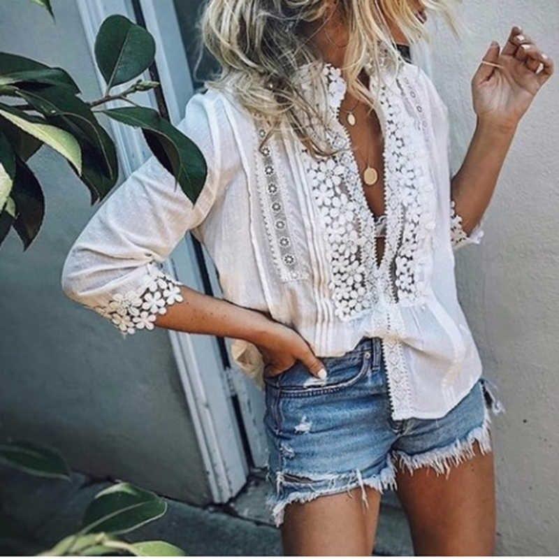 Casual Solid Color Cotton Lace Patchwork Blouses Tops – boholooks